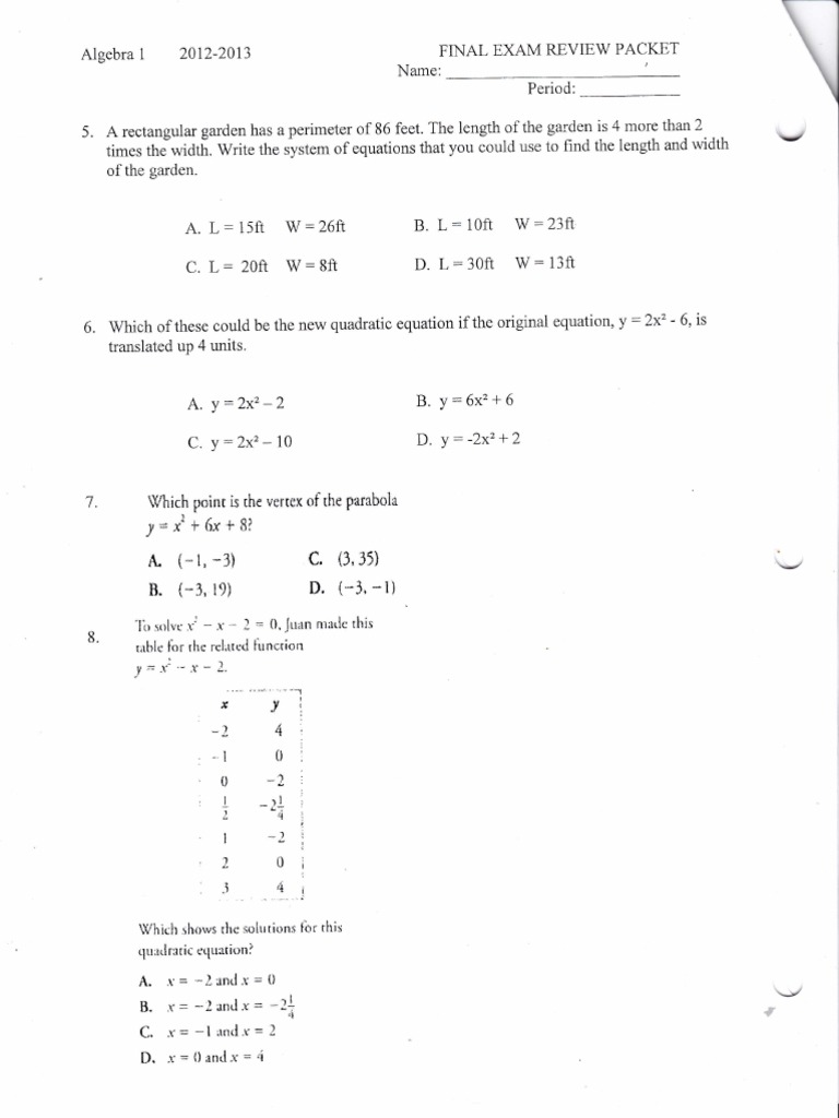 Algebra I Final Exam Review Packet | PDF