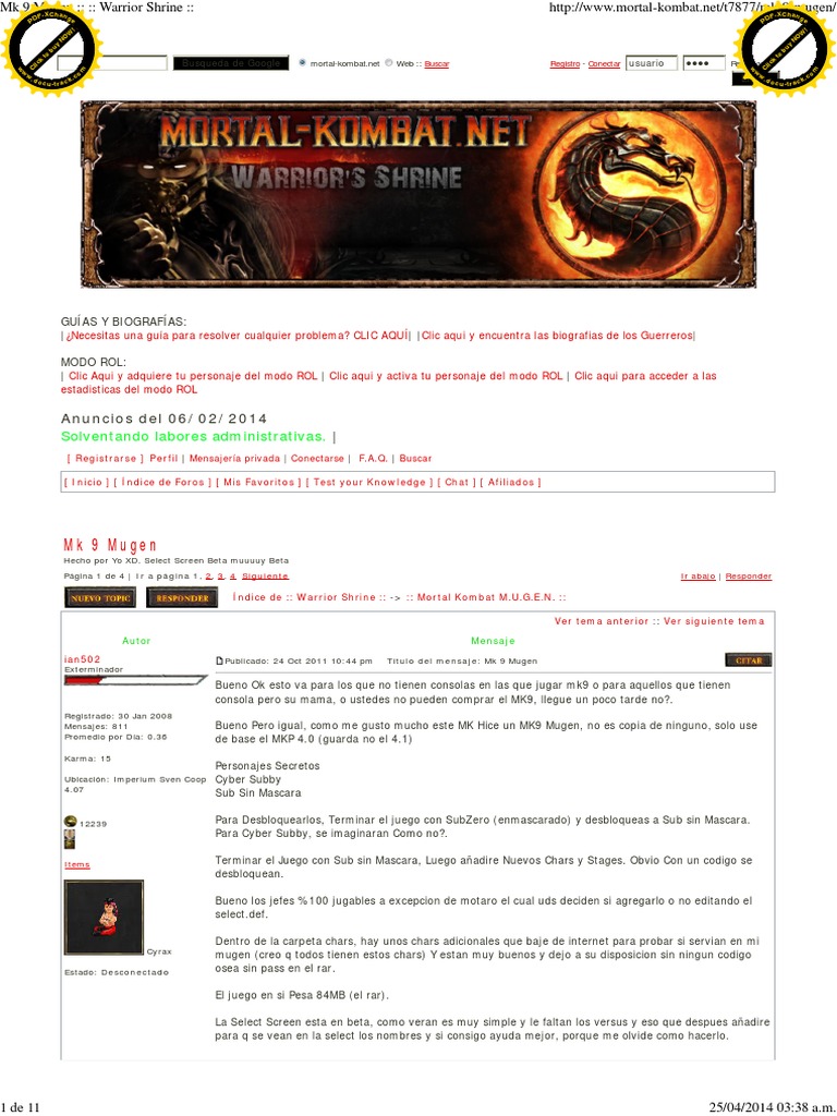 MK 9 Mugen - Warrior Shrine | PDF | Cookie HTTP | Foro de Internet