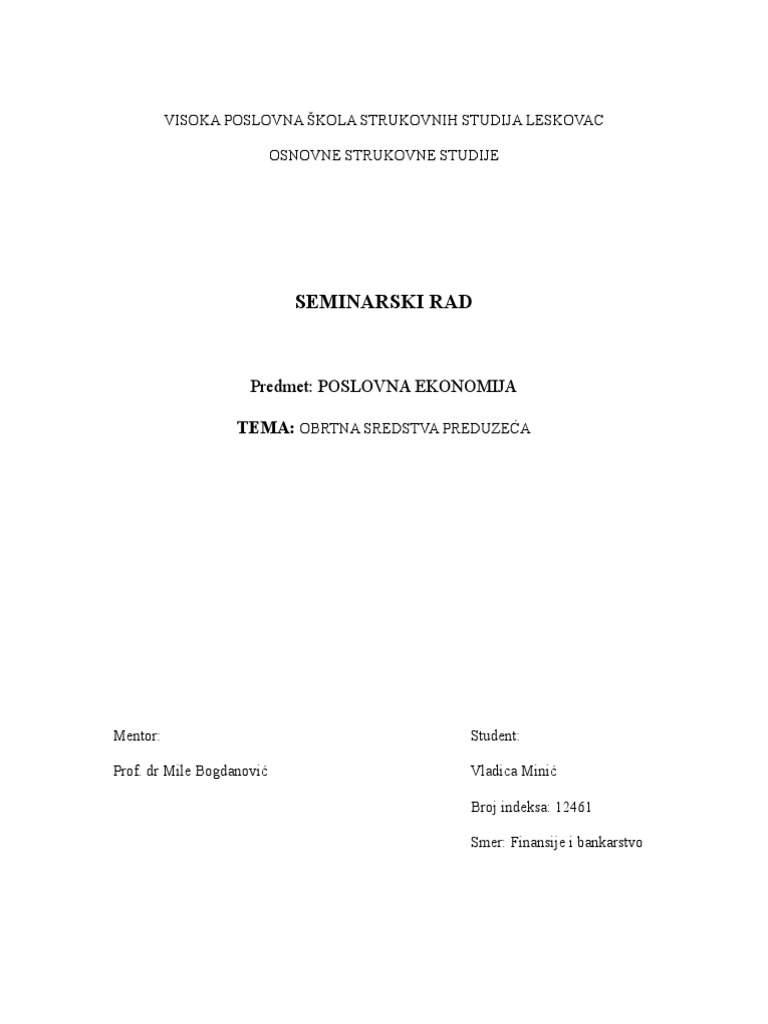 Poslovna Ekonomija - Obrtna Sredstva Preduzeća | PDF