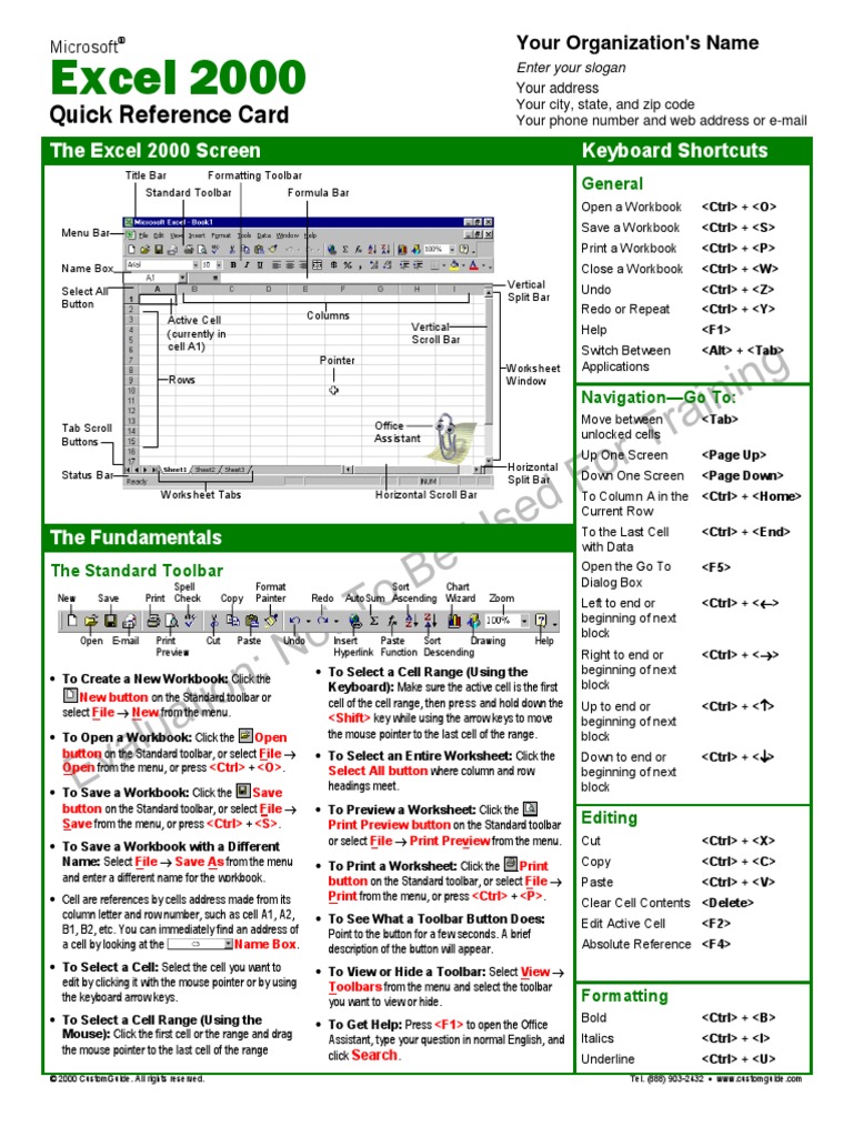Excel 2000: Quick Reference Card | PDF | Button (Computing) | Microsoft ...