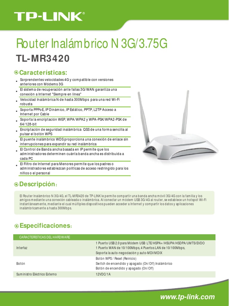 TL-MR3420 V2 Datasheet ES | PDF | Banda ancha móvil | 3 G