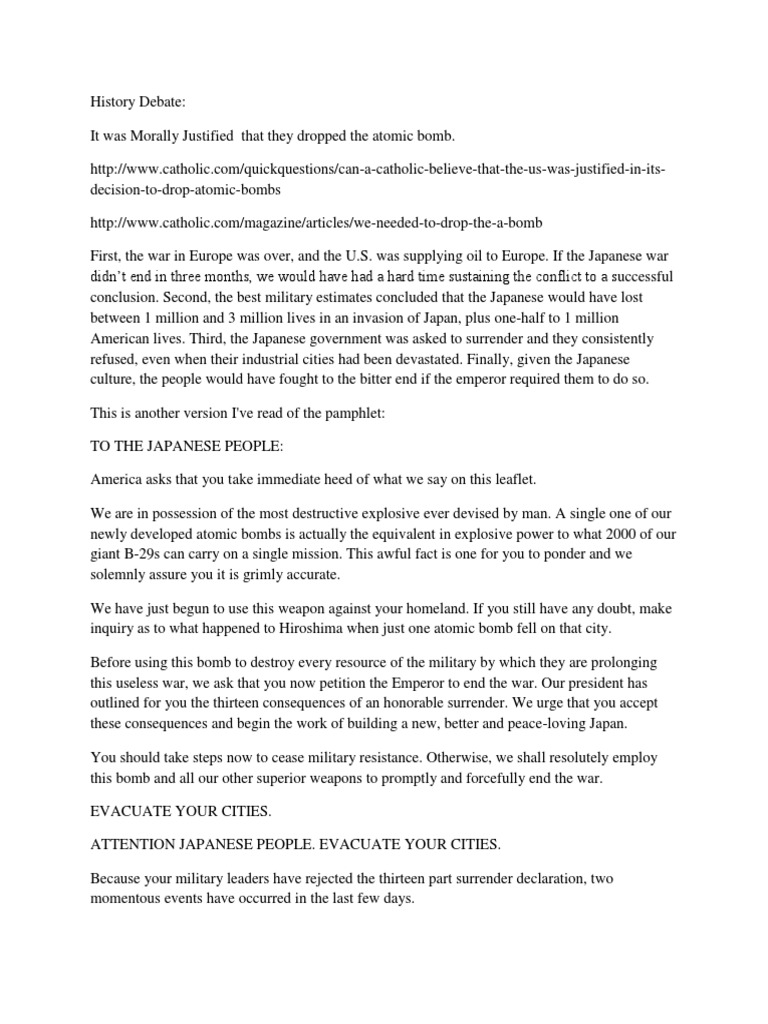 Atomic Bomb Debate | PDF | Atomic Bombings Of Hiroshima And Nagasaki ...