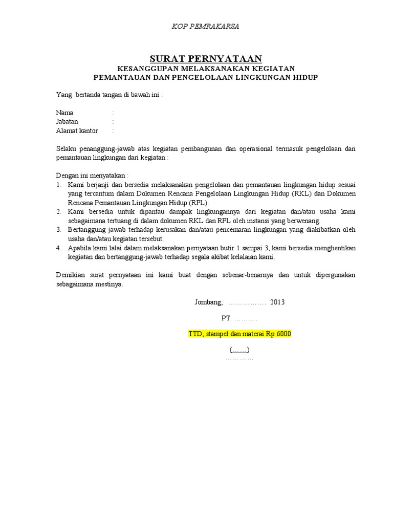 Contoh Surat Pernyataan Kesanggupan RKL RPL | PDF