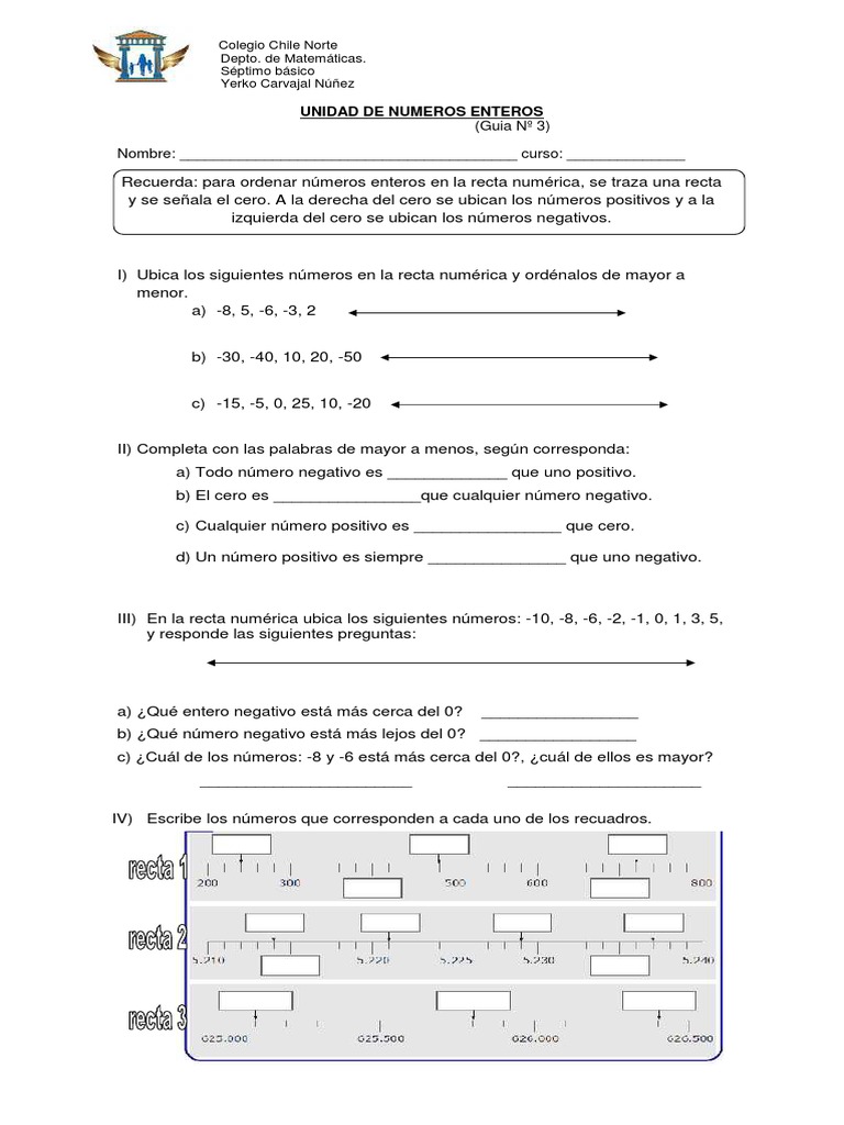 Ejercicios de Recta Numérica para Séptimo | PDF
