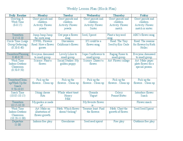 Weekly Flower-Themed Lesson Plan | PDF
