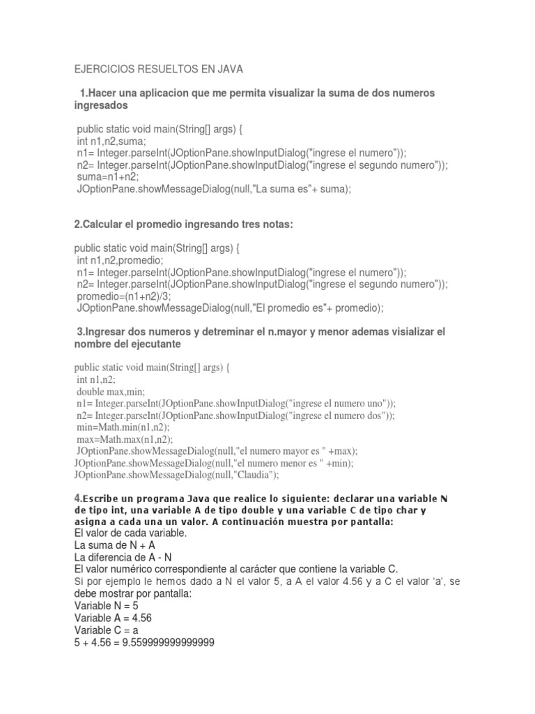 Ejercicios Resueltos en Java | PDF | Java (lenguaje de programación) | Cadena (informática)
