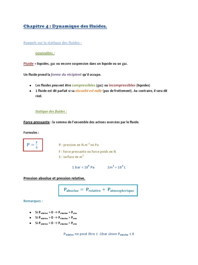 Chapitre 4 - Dynamique Des Fluides (En COURS) | PDF | Écoulement laminaire | Pression
