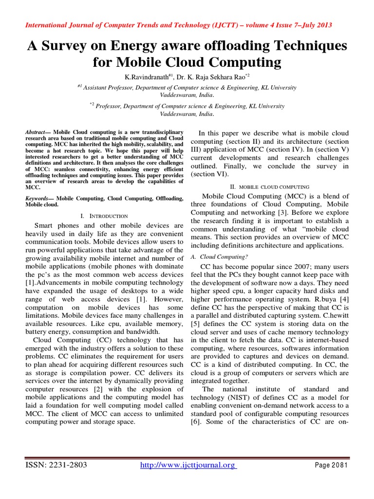 A Survey On Energy Aware Offloading Techniques For Mobile Cloud Computing | PDF | Cloud ...