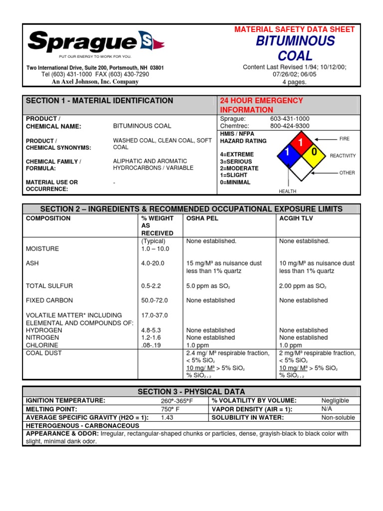 Bituminous Coal Safety Data Sheet | PDF