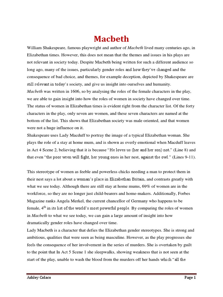 Macbeth Essay | PDF | Macbeth | Gender Role