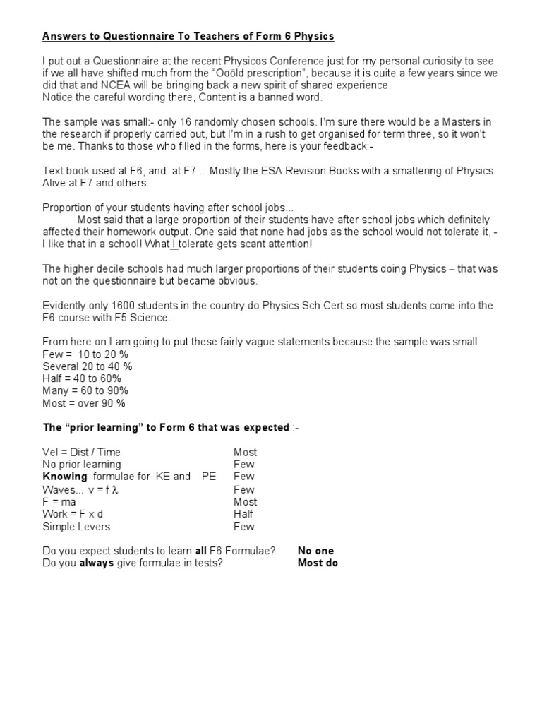 Answers To Questionnaire To Teachers of Form 6 Physics I | PDF | Business