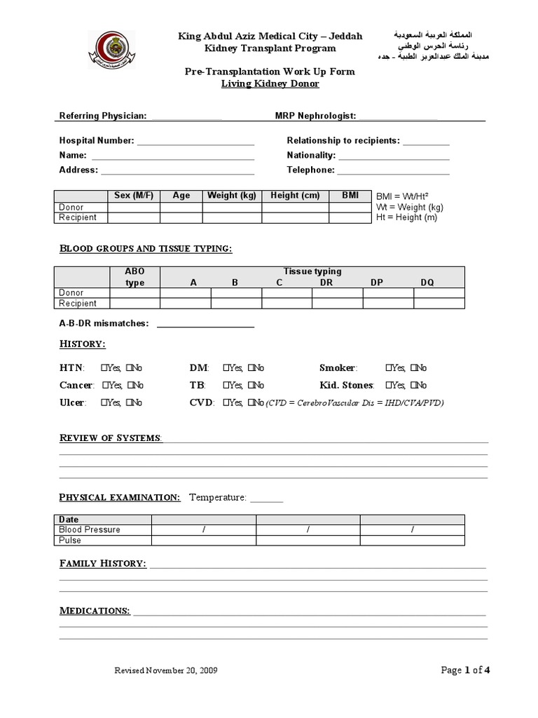 Kidney Transplant Pre-Workup Form | PDF | Nephrology | Anatomy