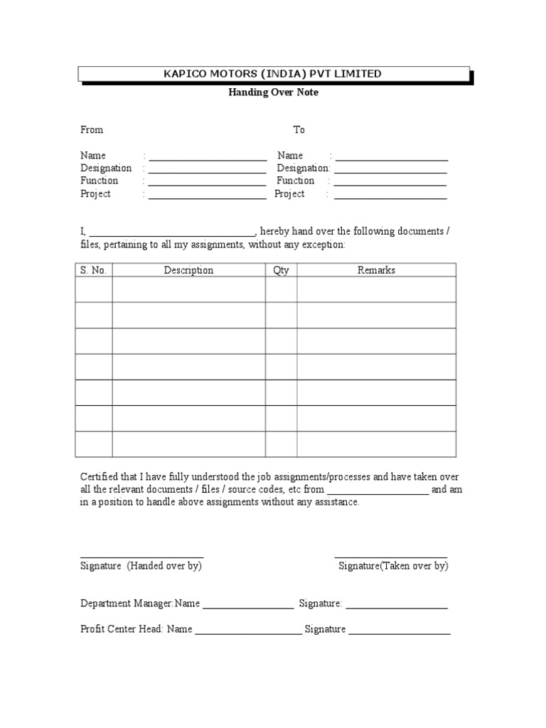 Handing Over Form | PDF