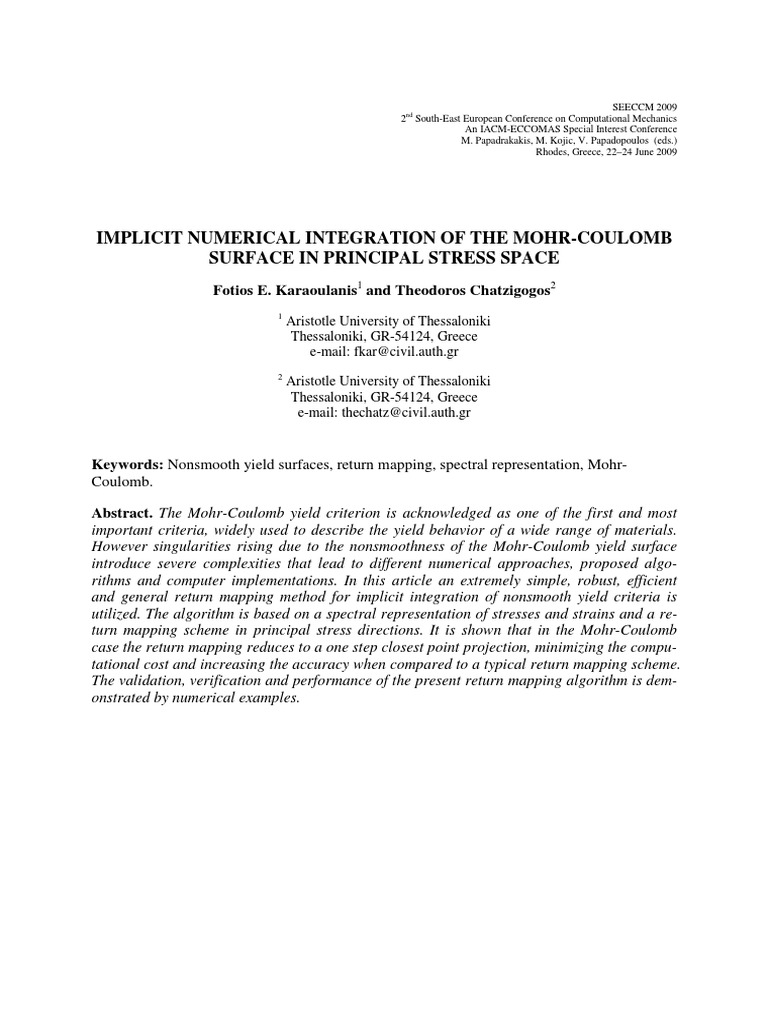 Implicit Numerical Integration of The Mohr-Coulomb Surface in Principal Stress Space | PDF ...