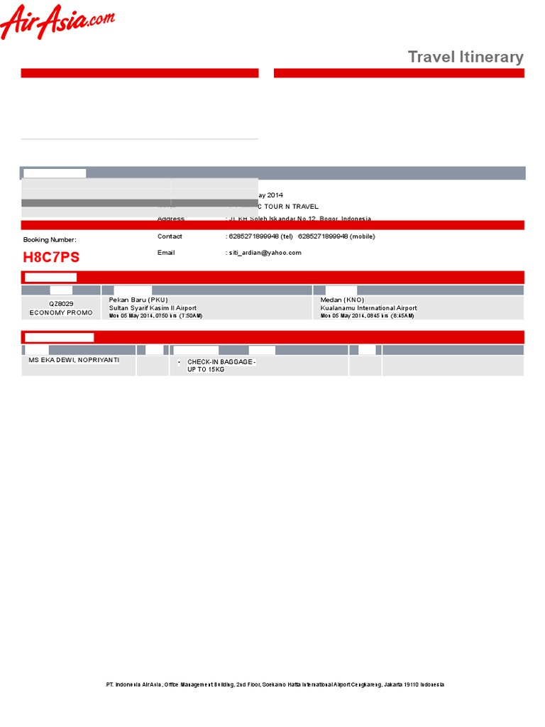 Travel Itinerary for AirAsia Flight QZ8029 | PDF