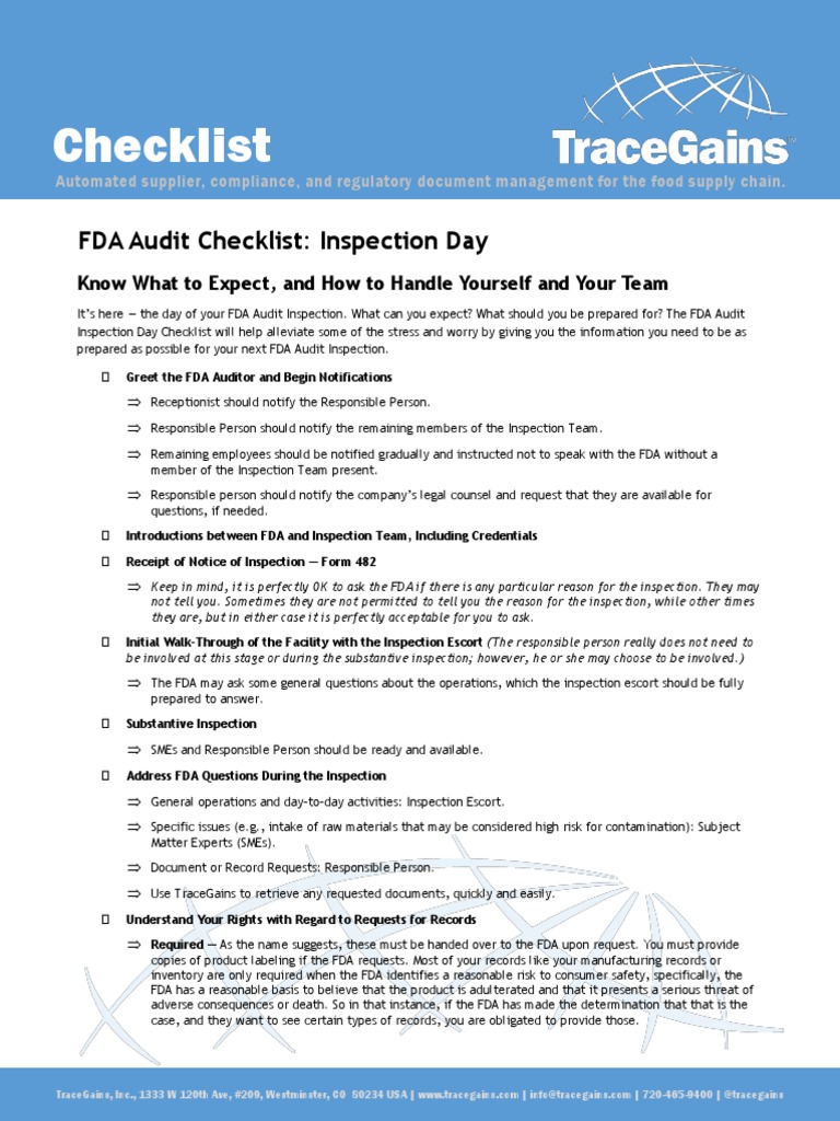 TraceGains Inspection Day FDA Audit Checklist | PDF | Food And Drug ...