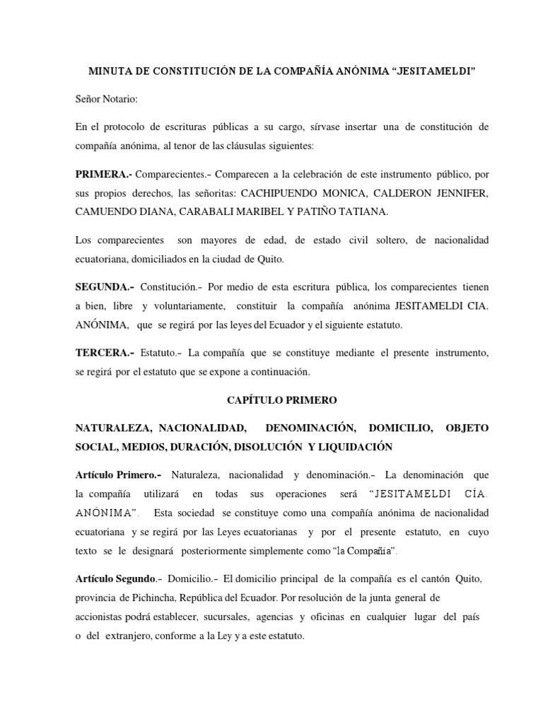 Minuta de Constitución de La Compañía Anónima | PDF | Liquidación | Contabilidad