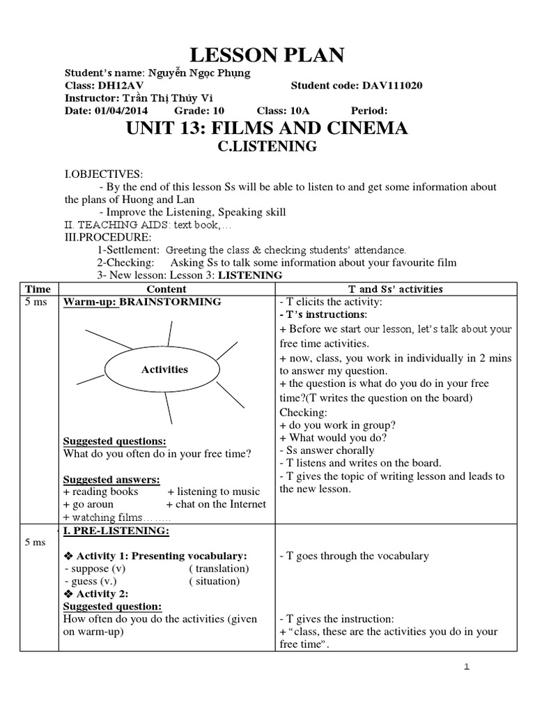 Lesson Plan Grade 10 Unit 13 Listening | PDF | Lesson Plan | Pedagogy