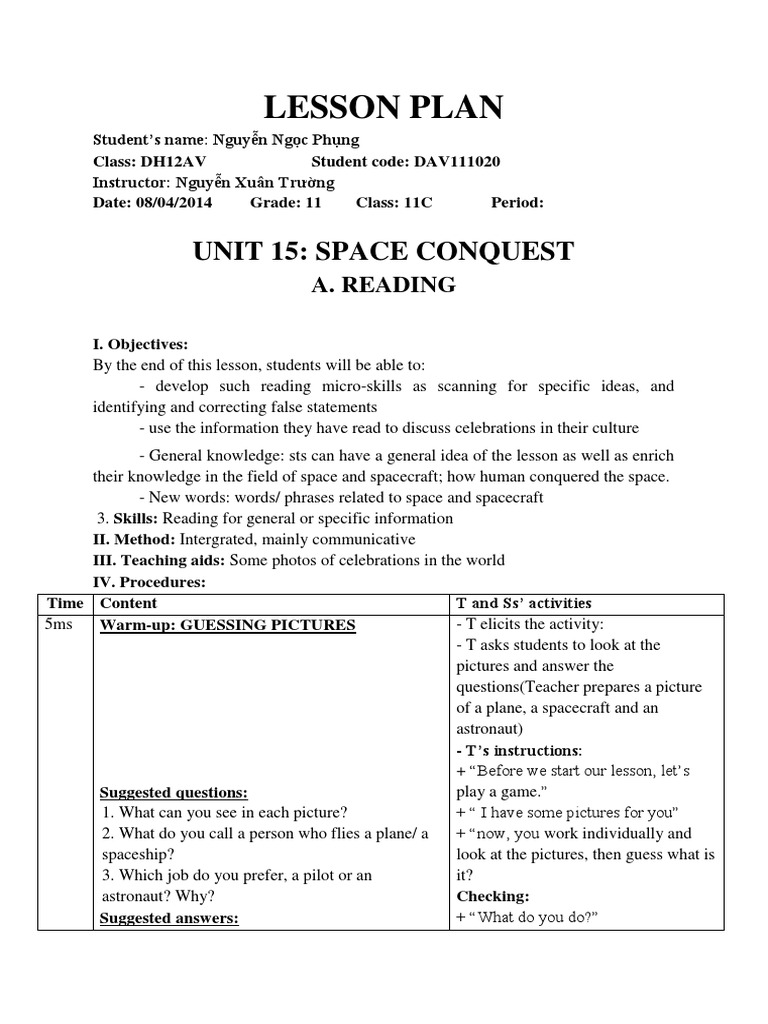 Lesson Plan Grade 11 Unit 15 Reading | PDF | Lesson Plan | Spaceflight
