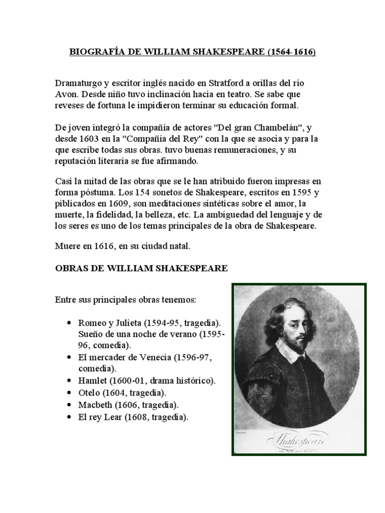 Ficha De Trabajo Sobre La Biografía De William Shakespeare William
