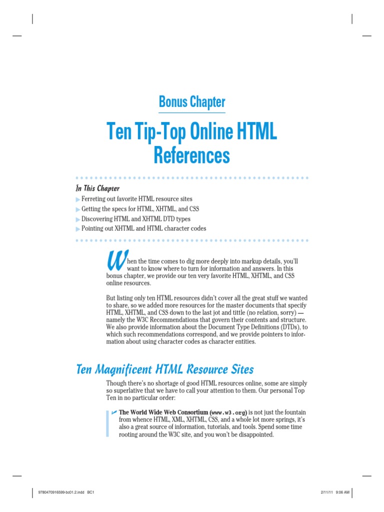Ten Tip-Top Online HTML References: Bonus Chapter | PDF | Xhtml | Html