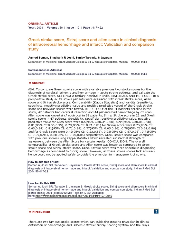 Greek Stroke Score, Siriraj Score and Allen Score in Clinical Diagnosis ...