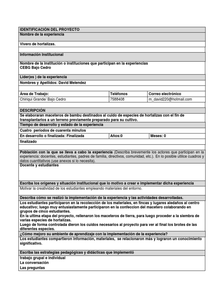 formato de sistematizacion de experiencias | Experiencia | Aprendizaje