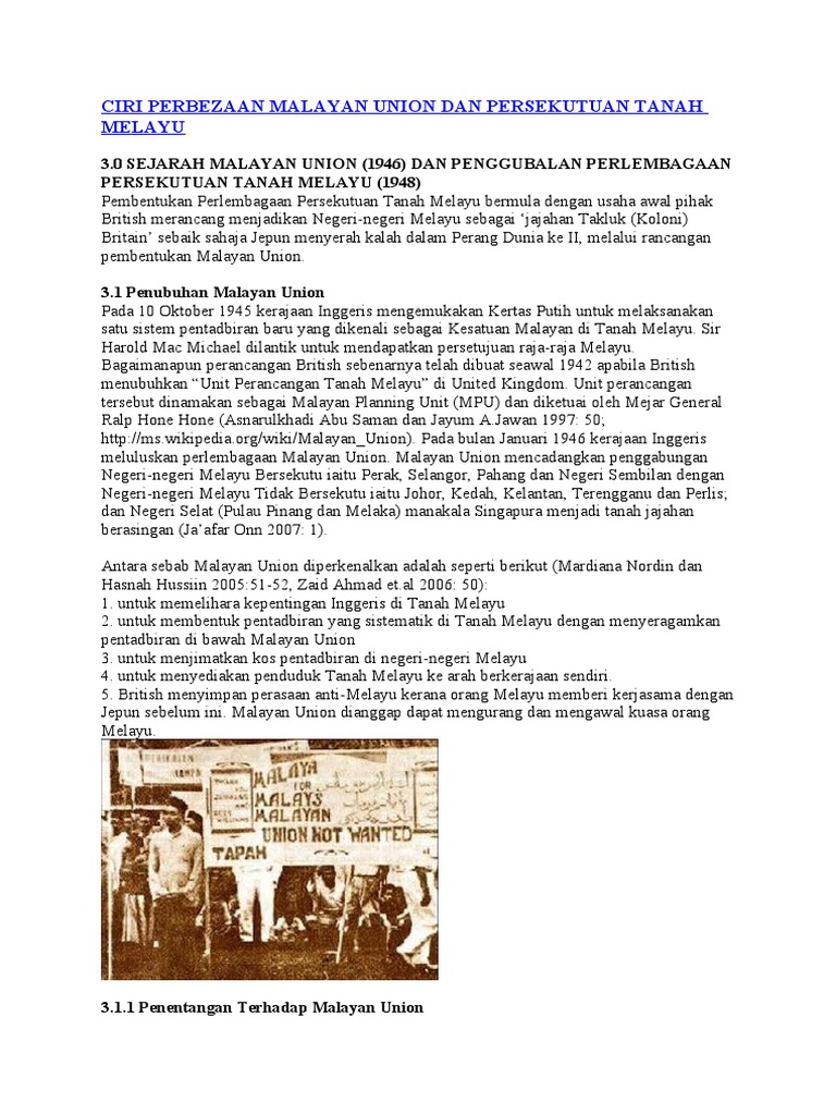 Ciri Perbezaan Malayan Union Dan Persekutuan Tanah Melayu | PDF