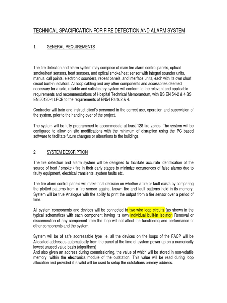 Technical Specification For Fire Detection and Alarm System | PDF ...