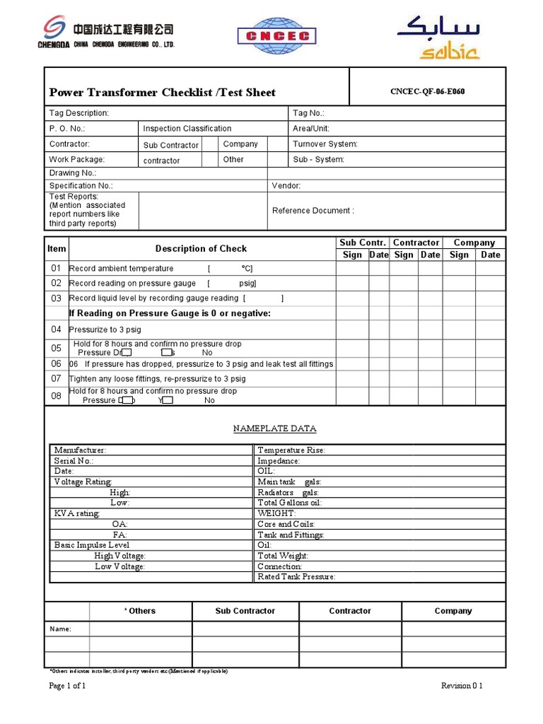 Power Transformer Test Checklist | PDF