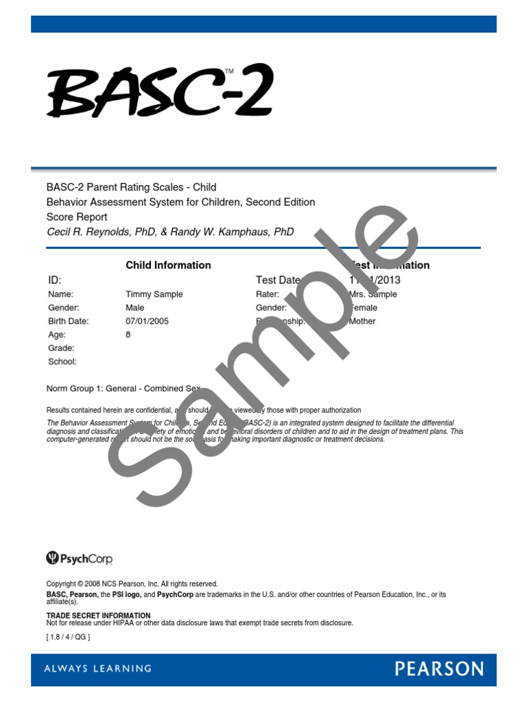 BASC-2 Q Global Score Summary Sample | PDF | Confidence Interval | Attention Deficit ...