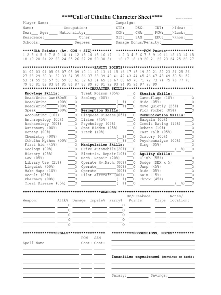 Call of Cthulhu Character Sheet | PDF | Leisure | Sports