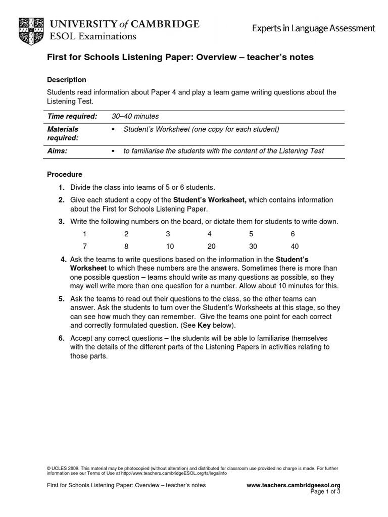 First For Schools Listening Paper: Overview - Teacher's Notes | PDF ...