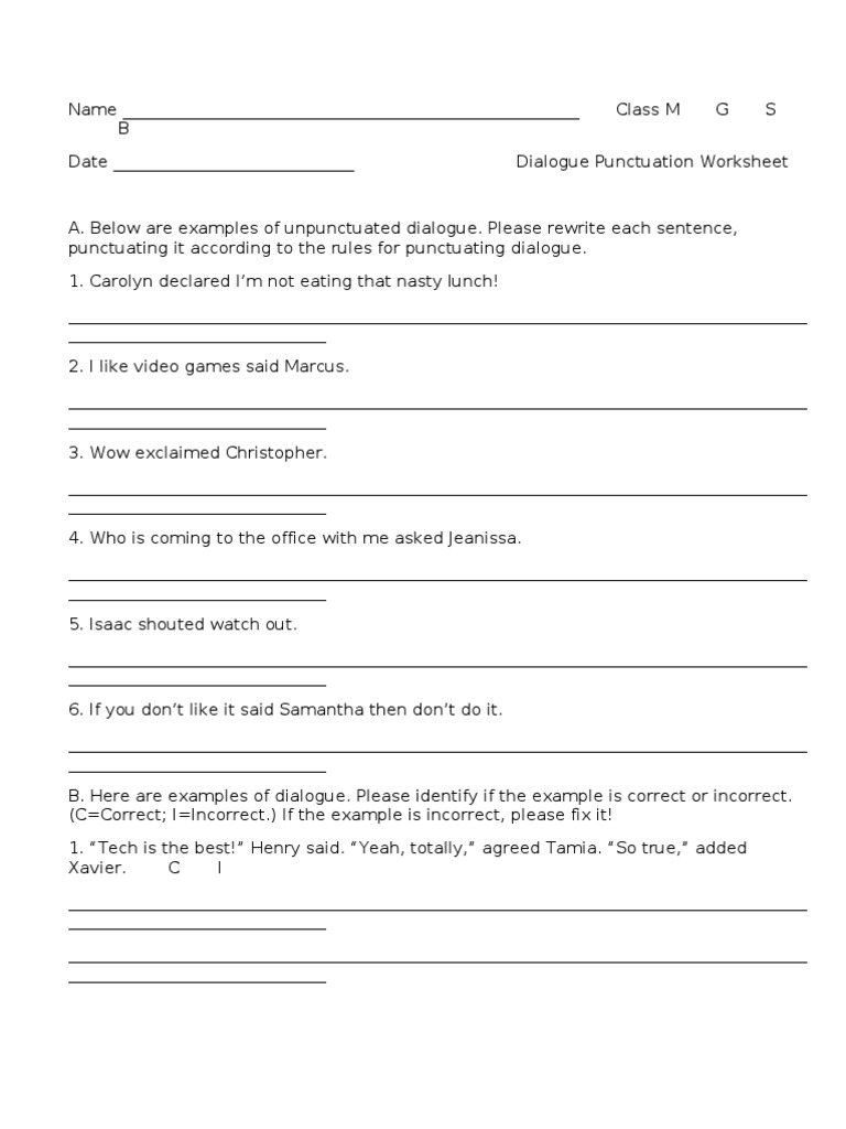 Dialogue Punctuation Worksheets High School
