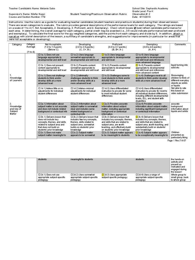 Pre-K Teacher Observation Rubric | PDF | Rubric (Academic ...