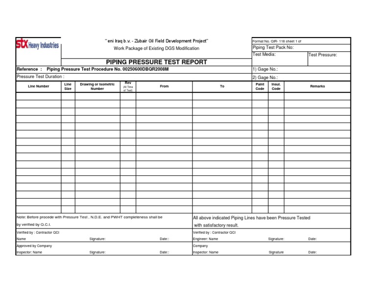 Piping Pressure Test Report Format | PDF