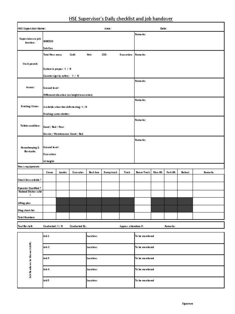 Daily Checklist and Job Handover | PDF | Technology & Engineering