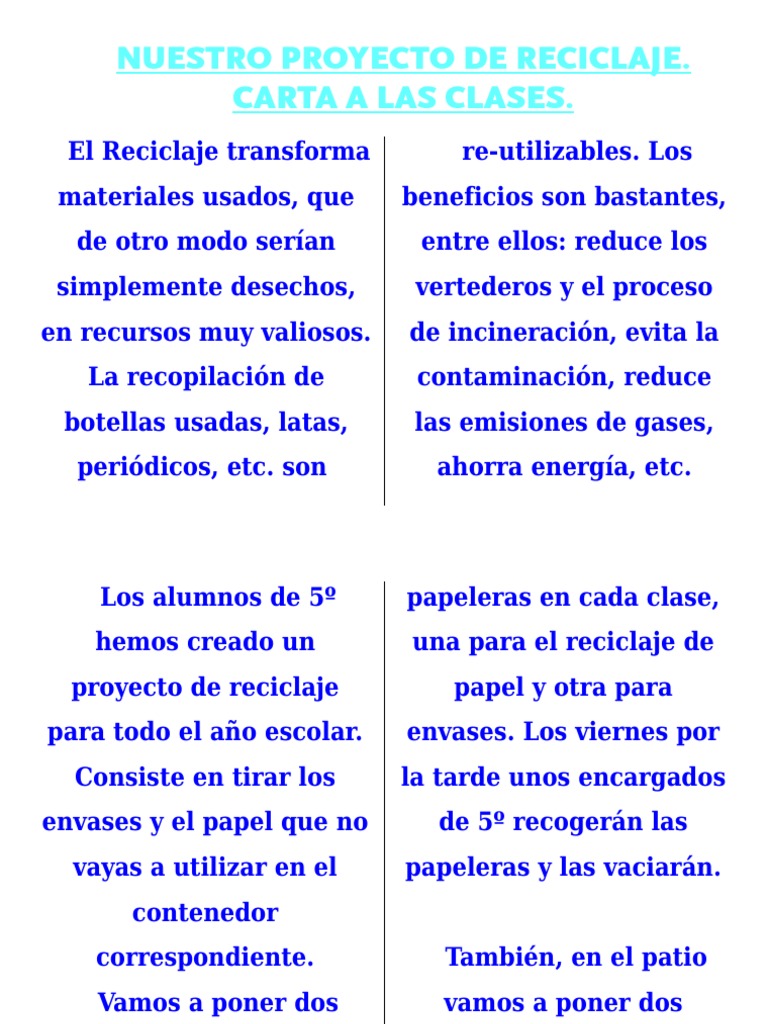 Reciclaje Carta A Las Clases | PDF | Hogar, jardinería y bricolaje ...