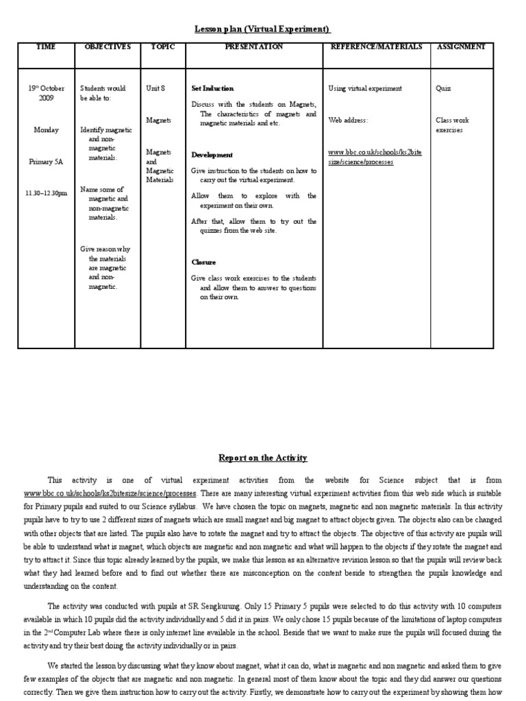 Virtual Experiment Lesson Plan on Magnets | PDF | Experiment | Lesson Plan