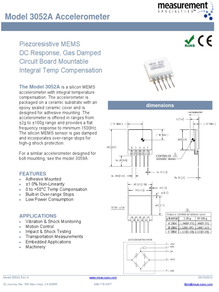 Model 3052A Accelerometer: Piezoresistive MEMS DC Response, Gas Damped Circuit Board Mountable ...