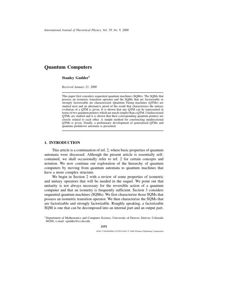 Quantum Computers: Stanley Gudder | PDF | Hilbert Space | Basis (Linear ...