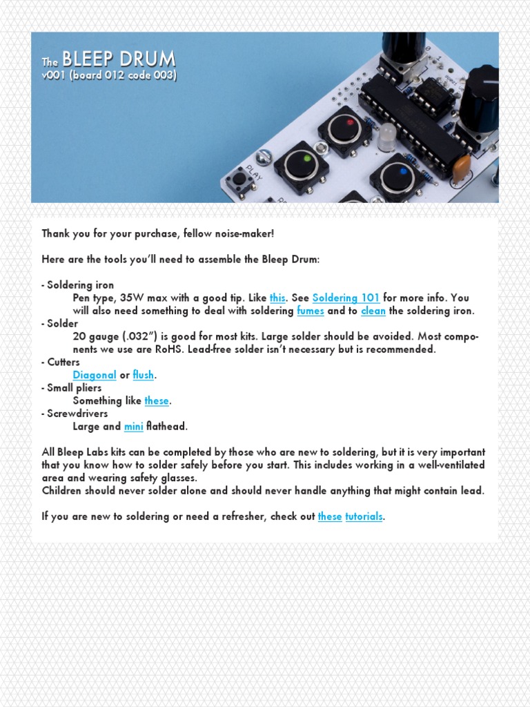 Bleep Drum Instructions 001 | PDF | Printed Circuit Board | Soldering