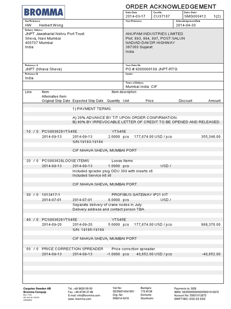 Order Acknowledgement Smg000412 | PDF | Business | Economies
