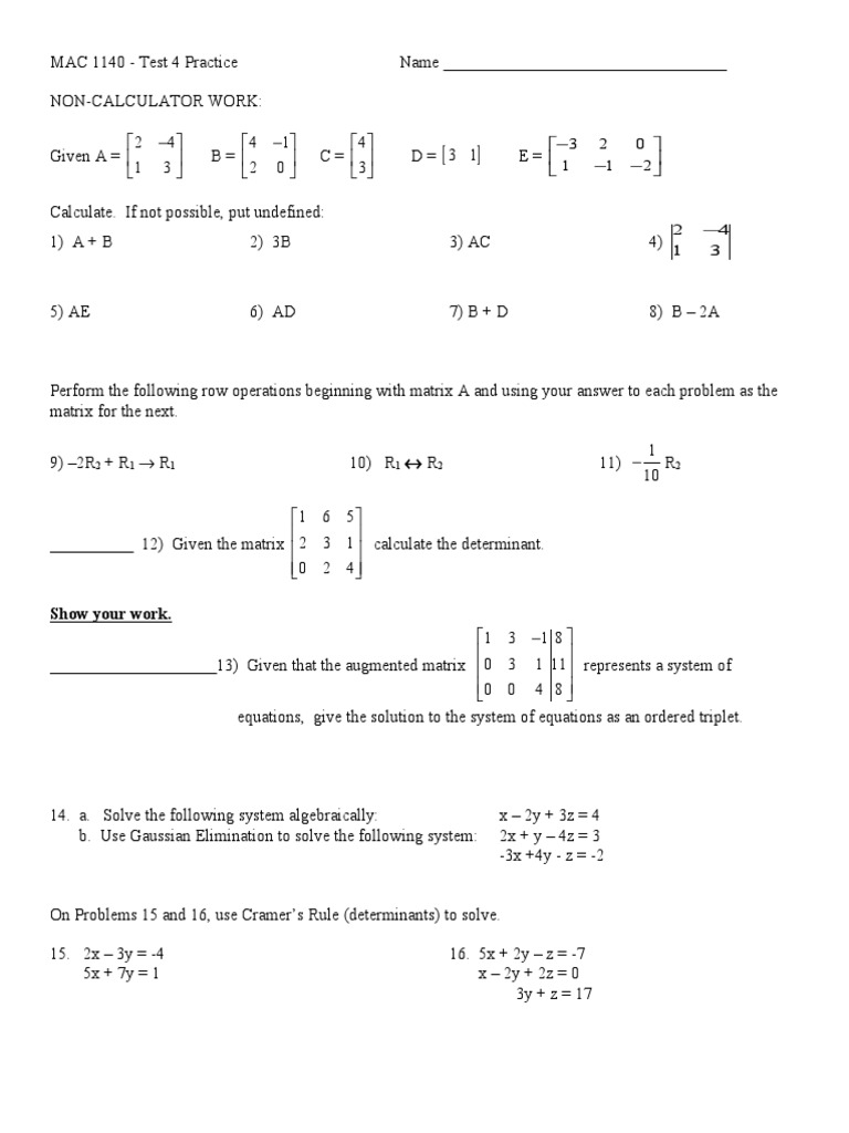 Practice for Test 4 051 | Summation | Linear Algebra