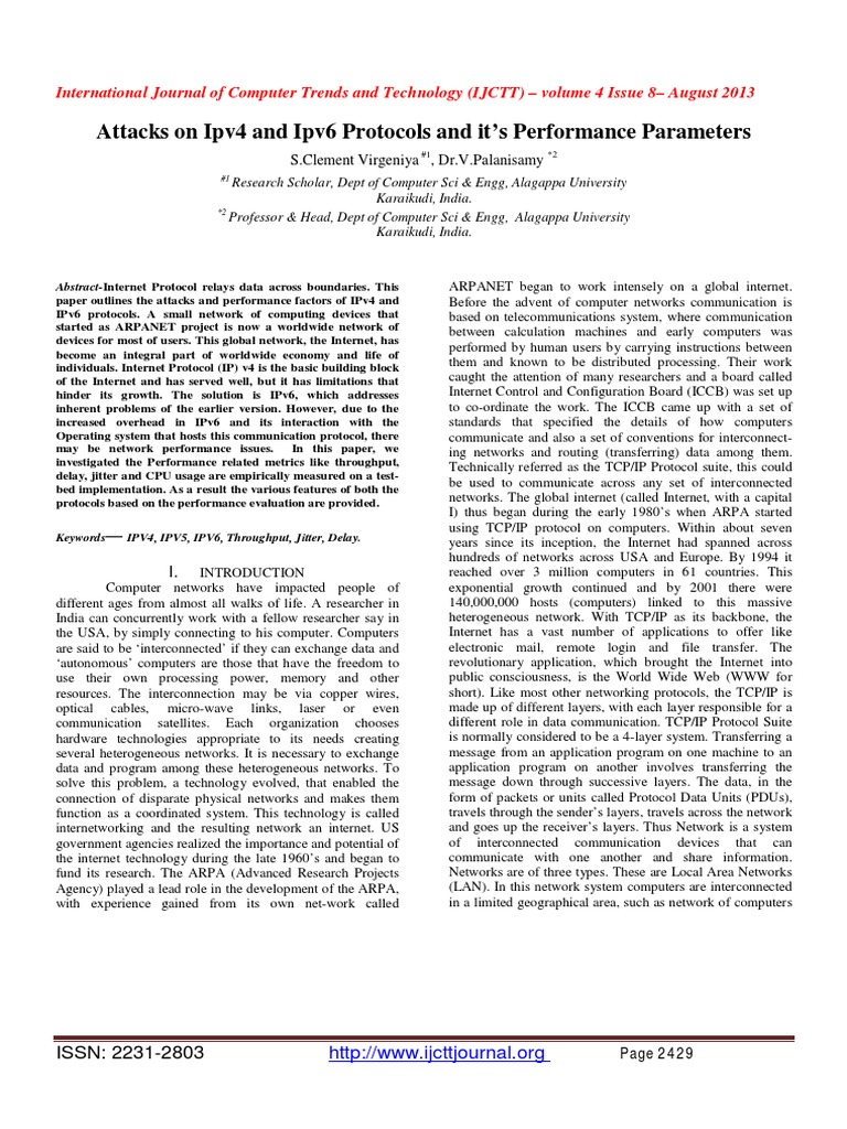 Attacks On Ipv4 And Ipv6 Protocols And Its Performance Parameters Pdf I Pv6 Computer Network