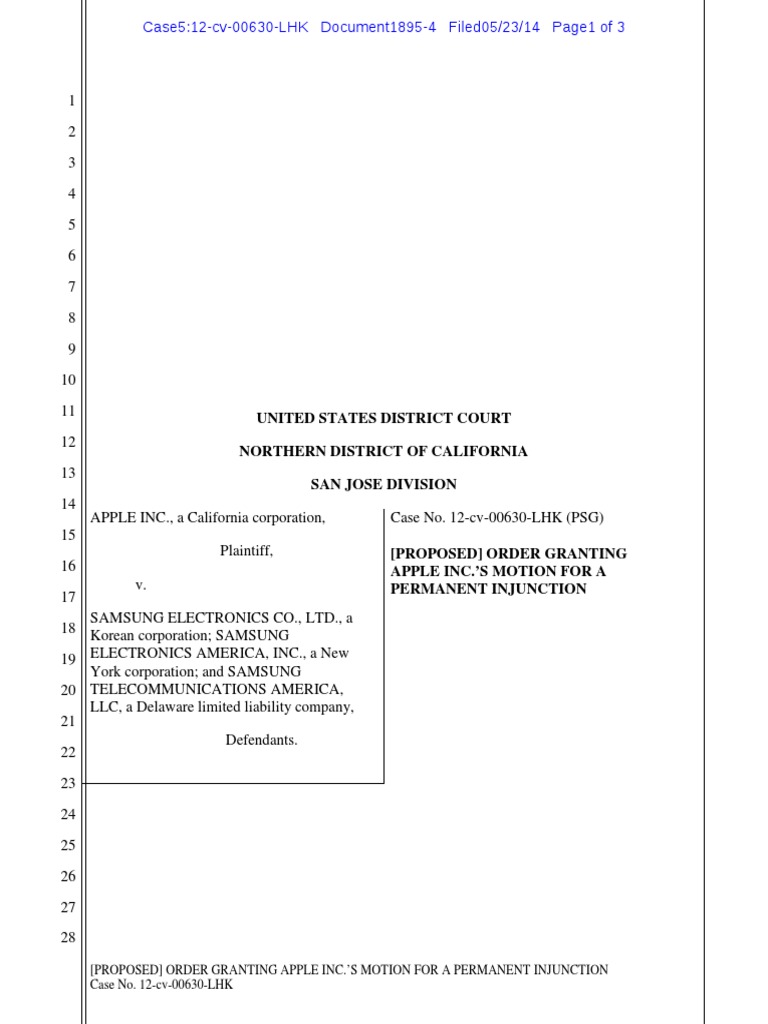 Apple Motion For Permanent Injunction | PDF | Patent Infringement | Samsung