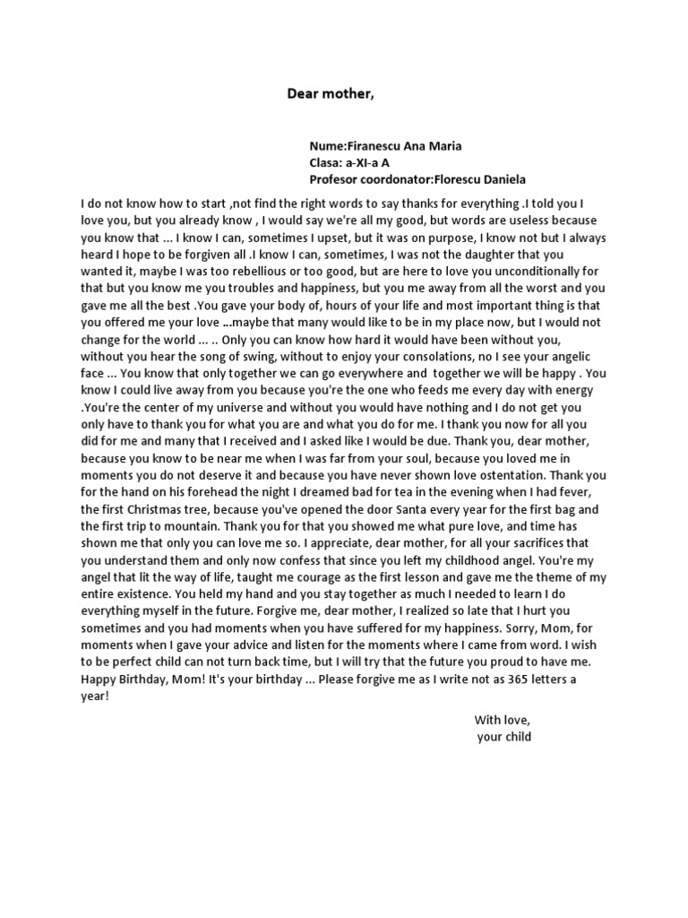 Dear Mother,: Nume:Firanescu Ana Maria Clasa: a-XI-a A Profesor ...