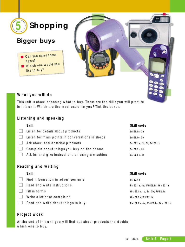 ESOL Entry 2: Shopping Skills Unit | PDF | Carpet | English As A Second ...