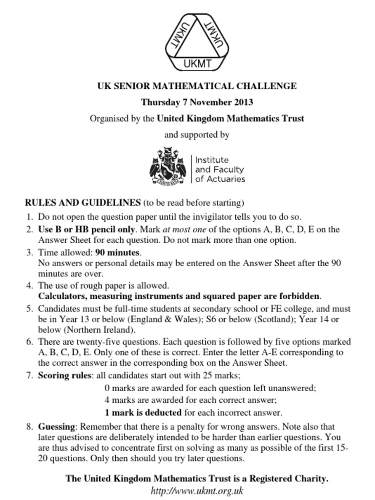 UKMT Senior Mathematical Challenge 2013 | PDF | Ratio | Triangle