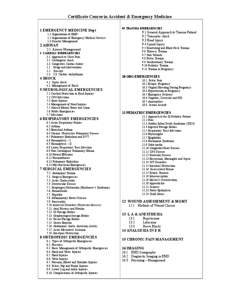 Emergency Medicine Syllabus | PDF | Human Diseases And Disorders | Medicine